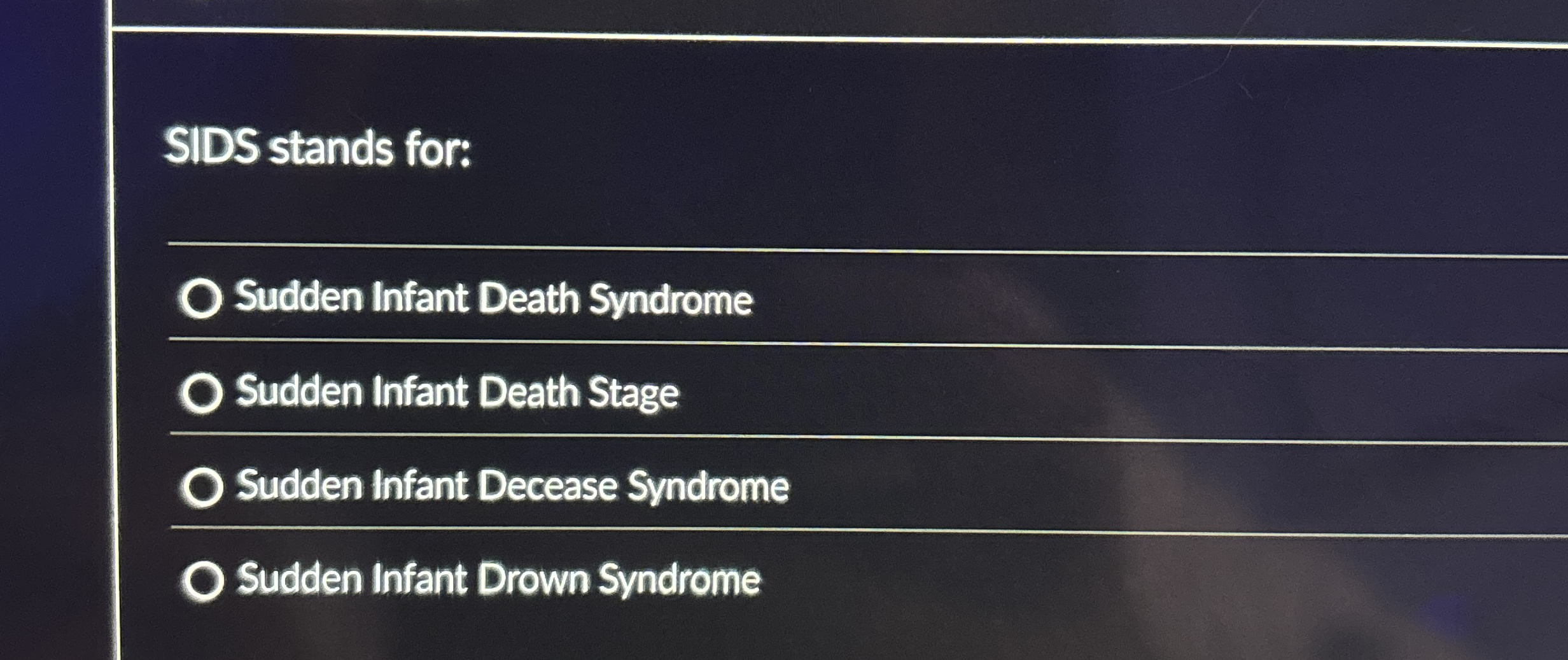 Solved SIDS stands for:Sudden Infant Death SyndromeSudden | Chegg.com