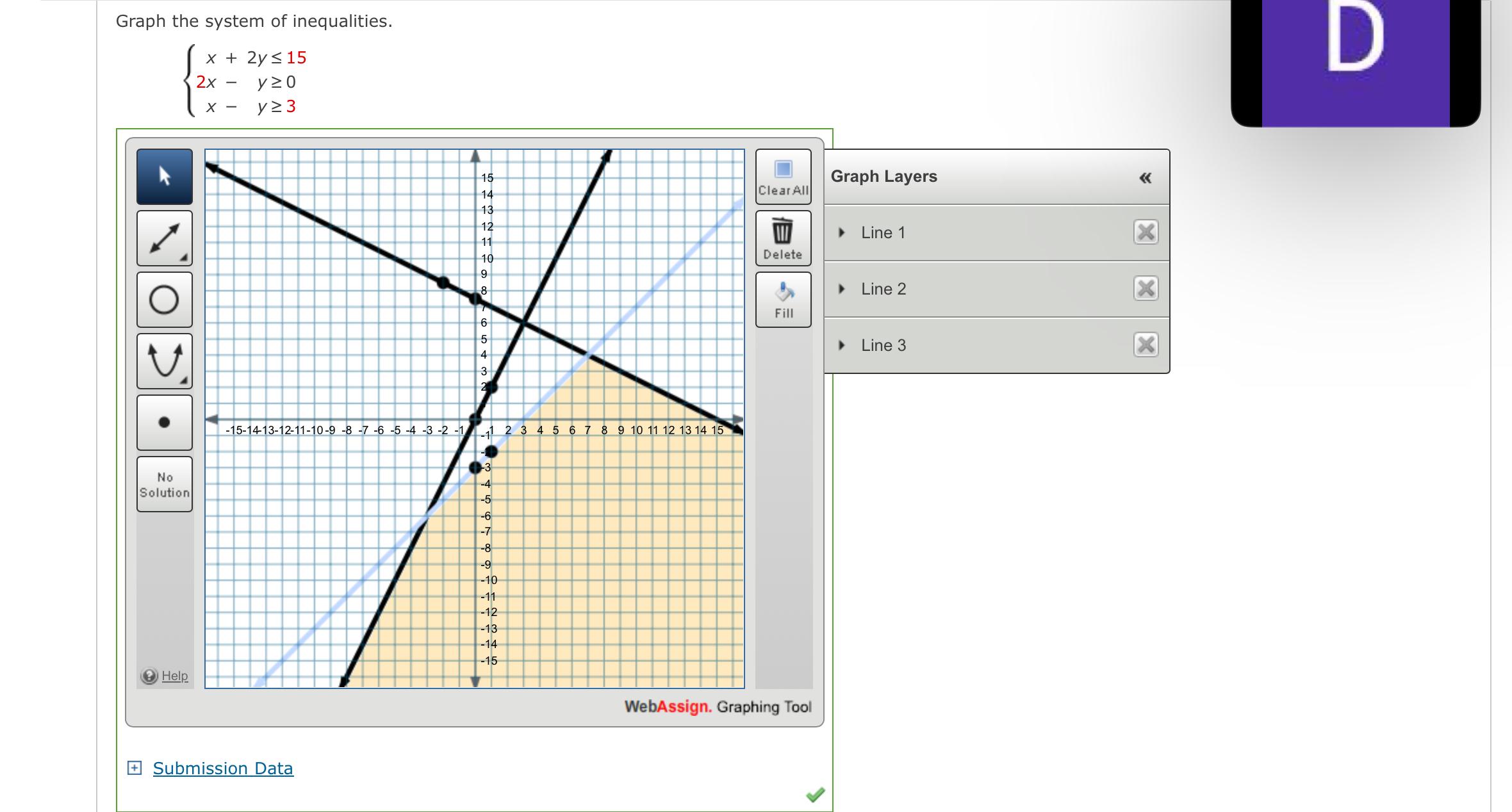 Solved Graph the system of inequalities.x+2y≤152x-y≥0x-y≥3 | Chegg.com