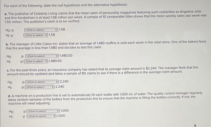 Solved For each of the following, state the null hypothesis | Chegg.com