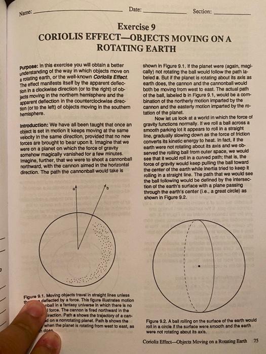 Solved Date: Section: Name: Exercise 9 CORIOLIS | Chegg.com