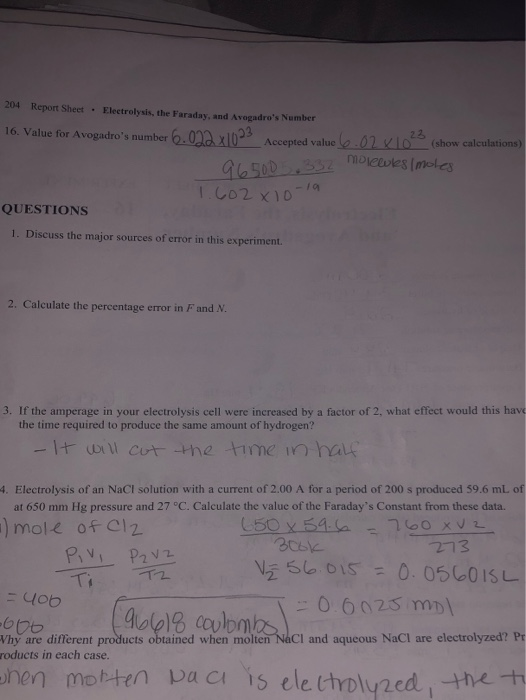 Solved 204 Report Sheet . Electrolysis, the Faraday, and | Chegg.com