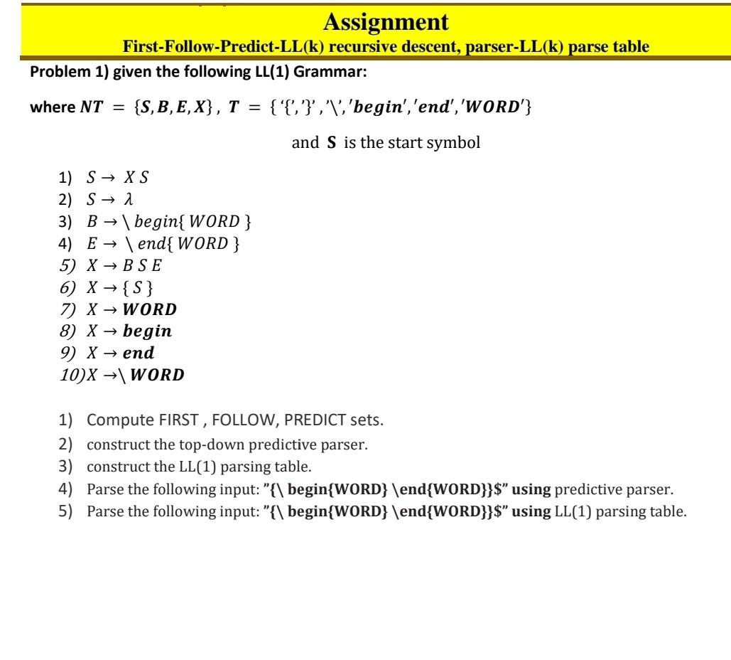 Solved Assignment First-Follow-Predict-LL(k) recursive | Chegg.com