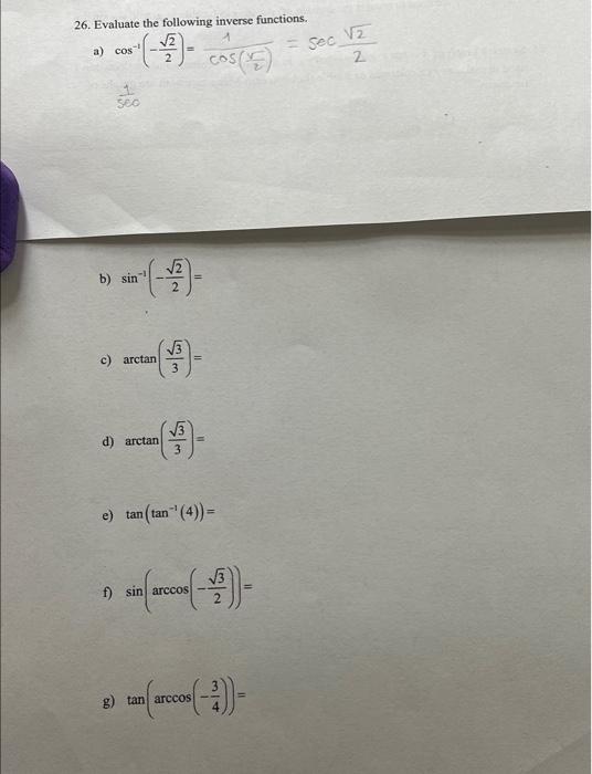 Solved 26. Evaluate the following inverse functions. a) | Chegg.com