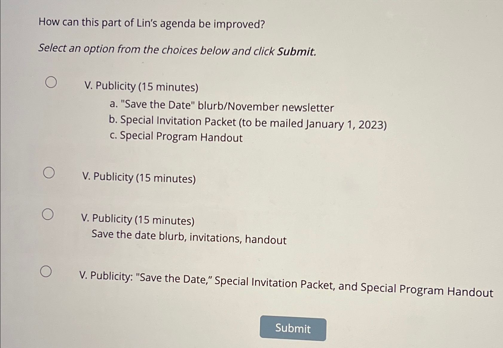 Solved How can this part of Lin's agenda be improved?Select | Chegg.com