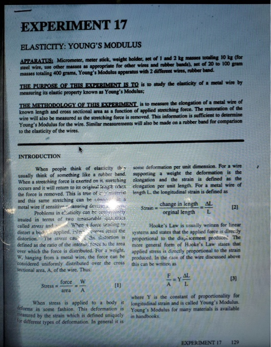 EXPERIMENT 17 ELASTICITY: YOUNG'S MODULUS APPARATUS: | Chegg.com