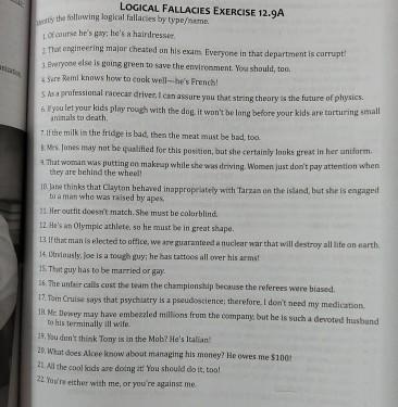 LOGICAL FALLACIES EXERCISE 12.9A; the billinwing | Chegg.com