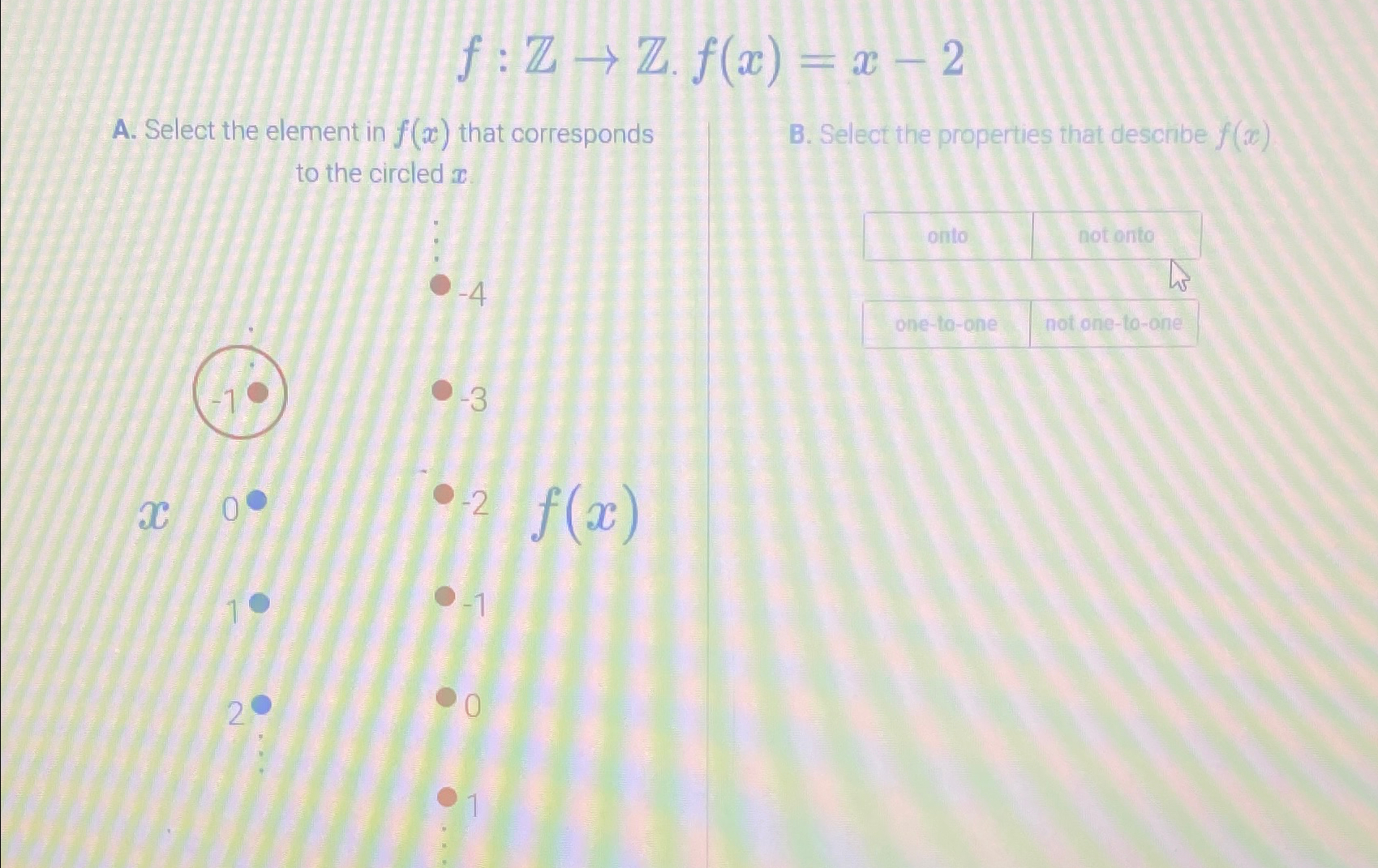 Solved f:Z→Z*f(x)=x-2A. ﻿Select the element in f(x) ﻿that | Chegg.com