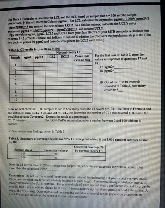 Use Data > Formula to calculate the LCL and the UCL | Chegg.com