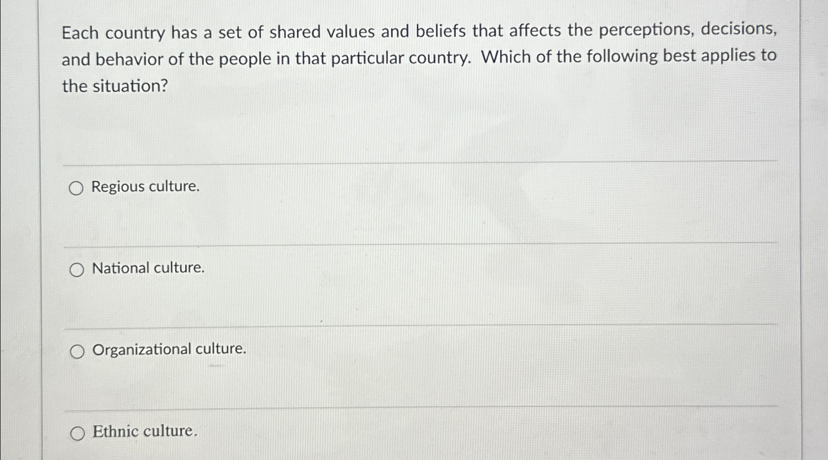 Solved Each country has a set of shared values and beliefs | Chegg.com