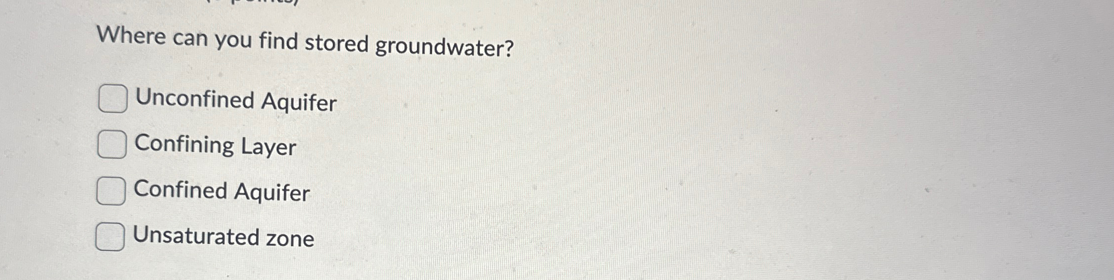 Solved Where can you find stored groundwater?Unconfined | Chegg.com