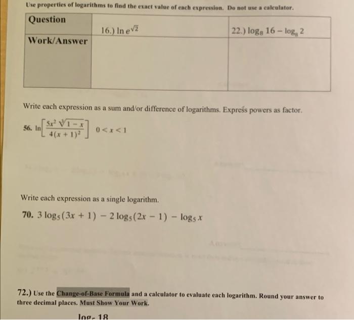 Solved Use properties of logarithms to find the exact value | Chegg.com