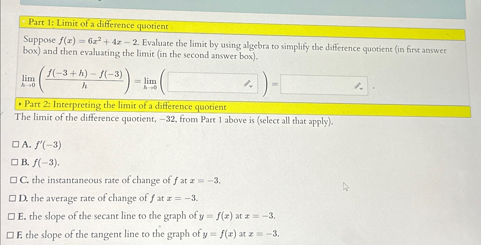 Solved Part 1: Limit of a difference quotientSuppose | Chegg.com