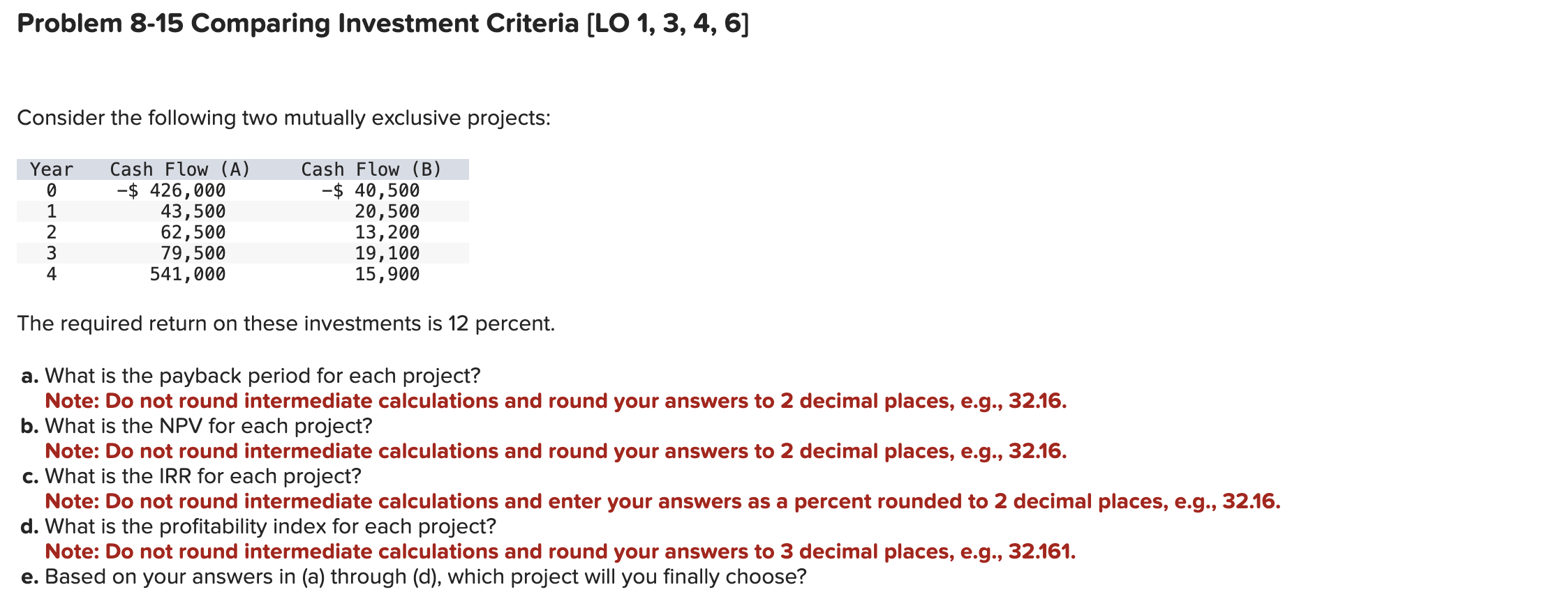 Solved Problem 8-15 ﻿Comparing Investment Criteria [LO | Chegg.com