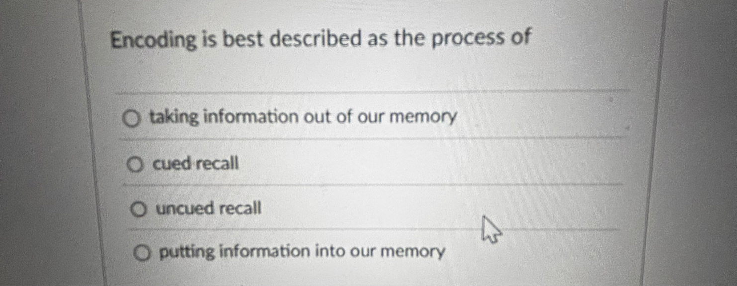 Solved Encoding is best described as the process oftaking | Chegg.com