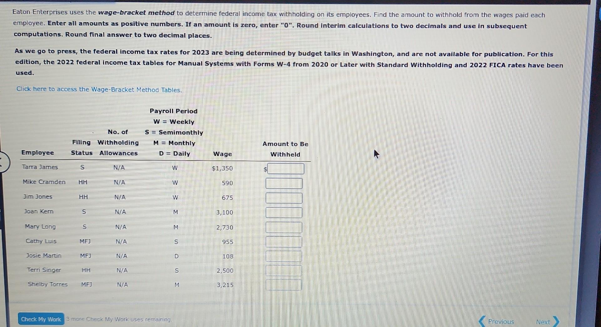 Eaton Enterprises uses the wage-bracket method to | Chegg.com