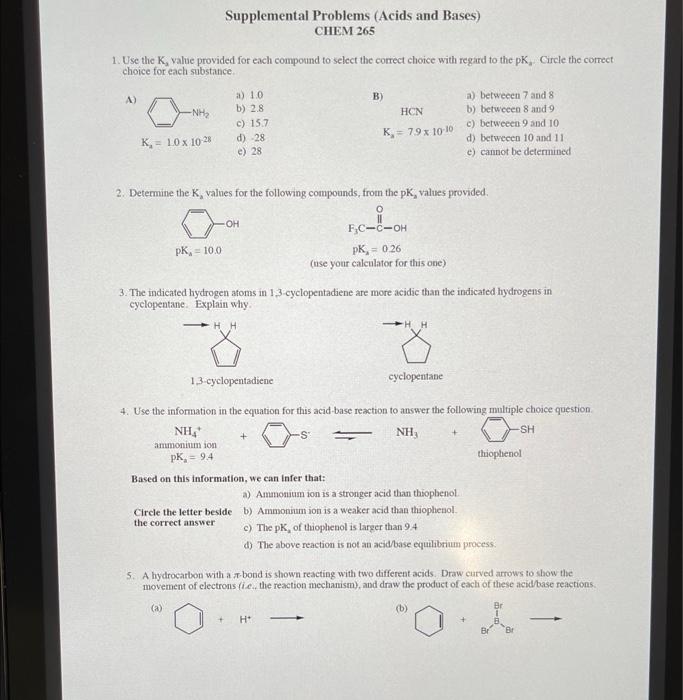 Solved Supplemental Problems (Acids and Bases) CHEM 265 1. | Chegg.com