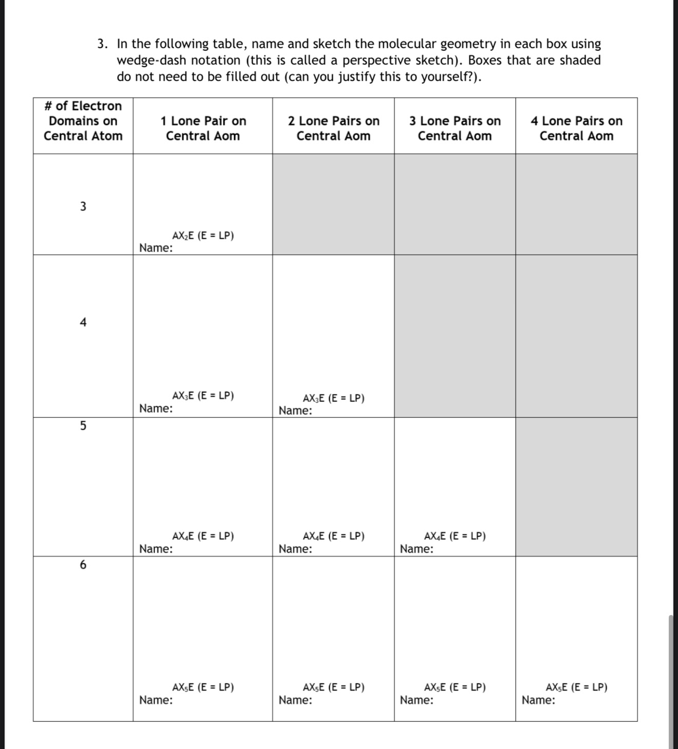 Solved In the following table, name and sketch the molecular | Chegg.com