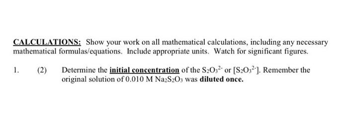 Solved Determine the initial concentration of the S2O3^2- or | Chegg.com