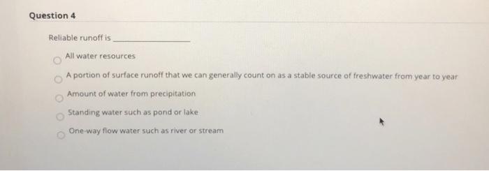 Solved Question 4 Reliable runoff is All water resources A | Chegg.com