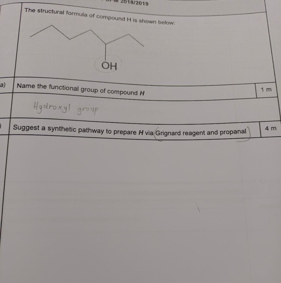 Solved 2018/2019 The structural formula of compound H is | Chegg.com