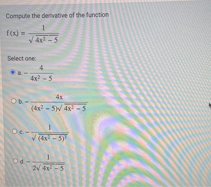 Solved Compute the derivative of the function f(x)=4x2−51 | Chegg.com