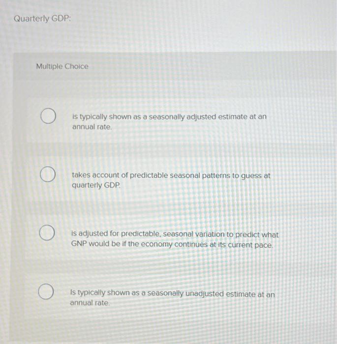 Solved Quarterly GDP: Multiple Choice is typically shown as | Chegg.com