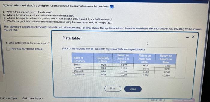 Solved Expected return and standard deviation. Use the | Chegg.com