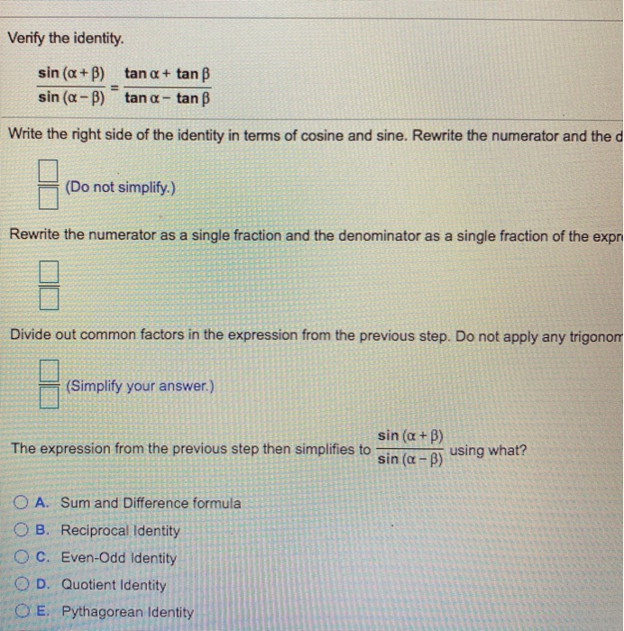 Solved Verify the identity . (sin(alpha + beta))/(sin(alpha | Chegg.com