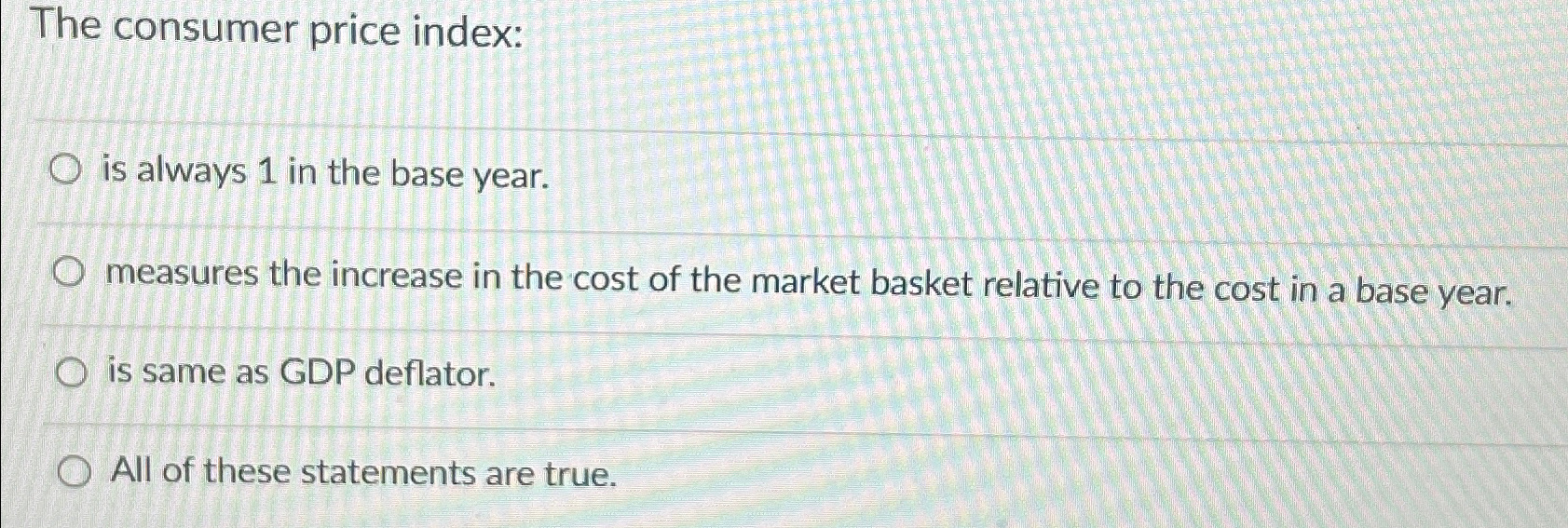 Solved The consumer price index:is always 1 ﻿in the base | Chegg.com