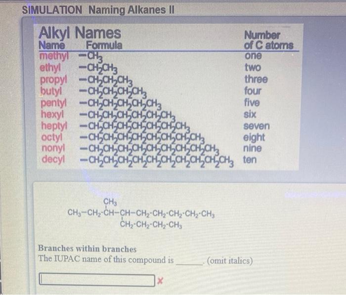 Solved SIMULATION Naming Alkanes II Alkyl Names Number Name | Chegg.com