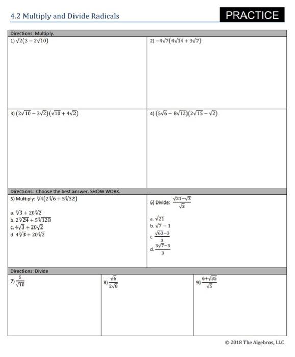 Solved PRACTICE 4.2 Multiply and Divide Radicals Directions: | Chegg.com