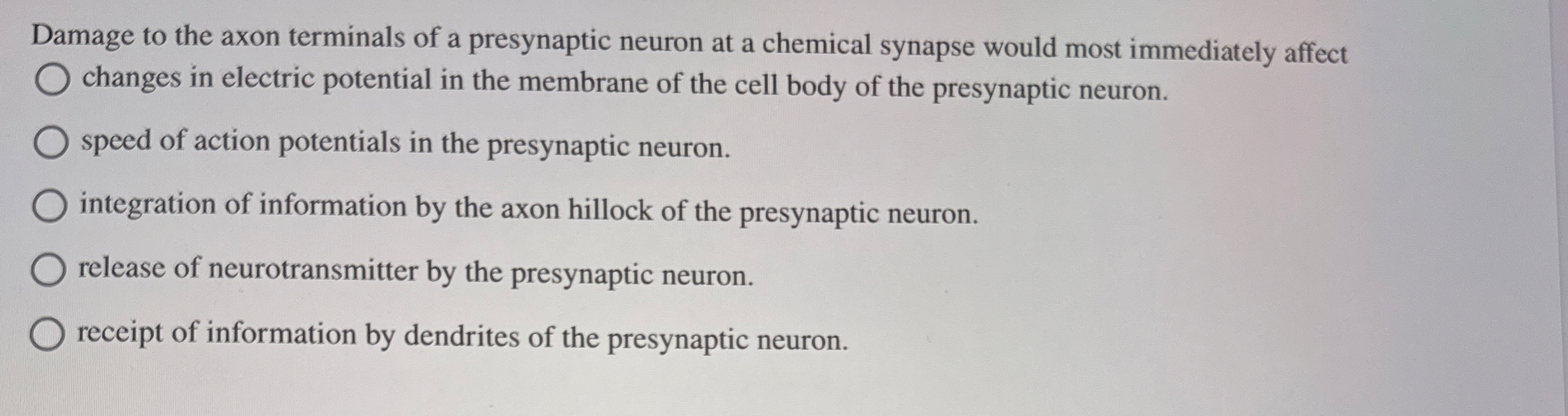 Solved Damage to the axon terminals of a presynaptic neuron | Chegg.com