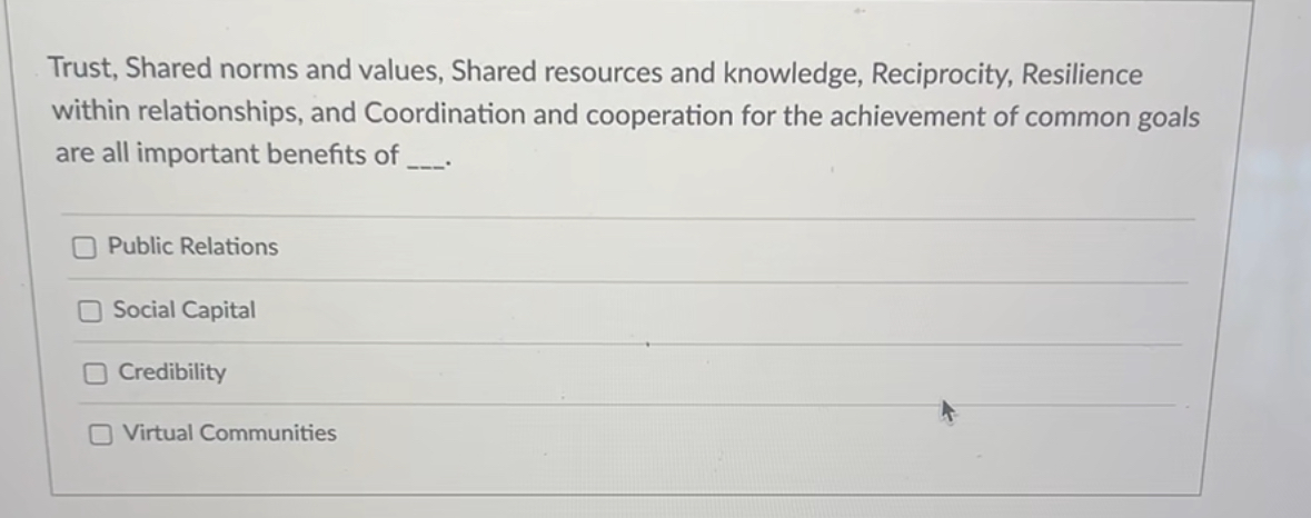Solved Trust, Shared norms and values, Shared resources and | Chegg.com