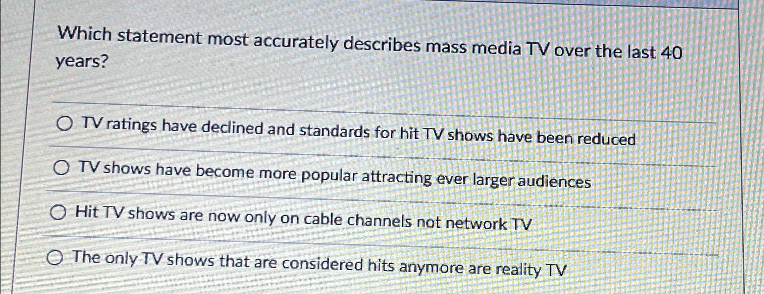 Solved Which statement most accurately describes mass media | Chegg.com