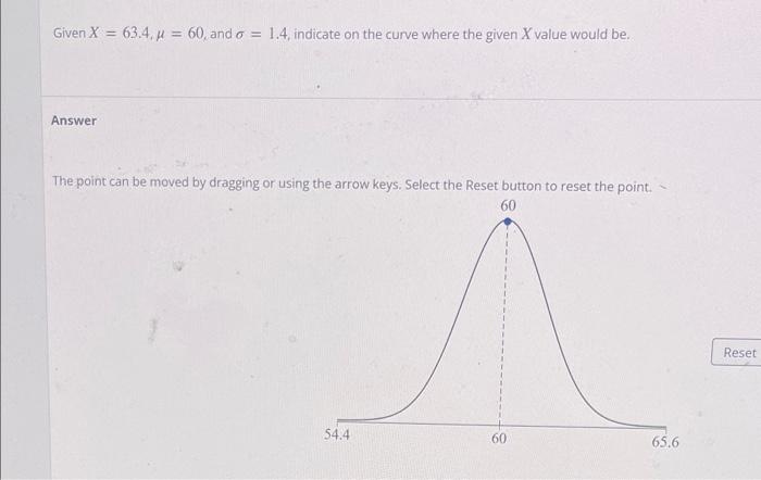 Solved Given X=63.4,μ=60, and σ=1.4, indicate on the curve | Chegg.com