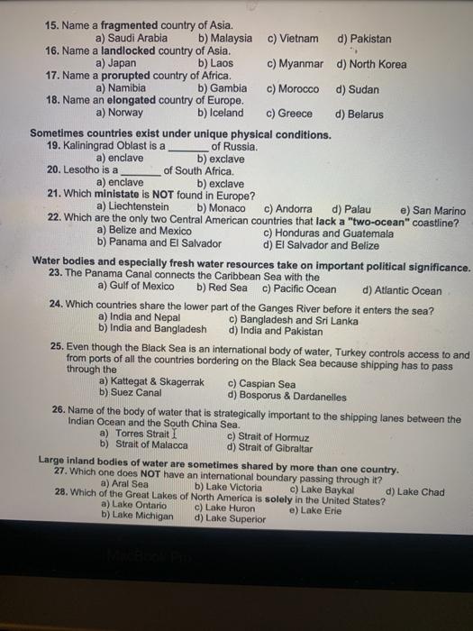 Solved 15. Name a fragmented country of Asia. a) Saudi | Chegg.com