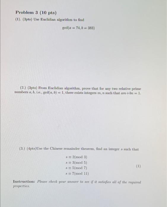 Solved Problem 3 10 Pts 1 3pts Use Euclidian 