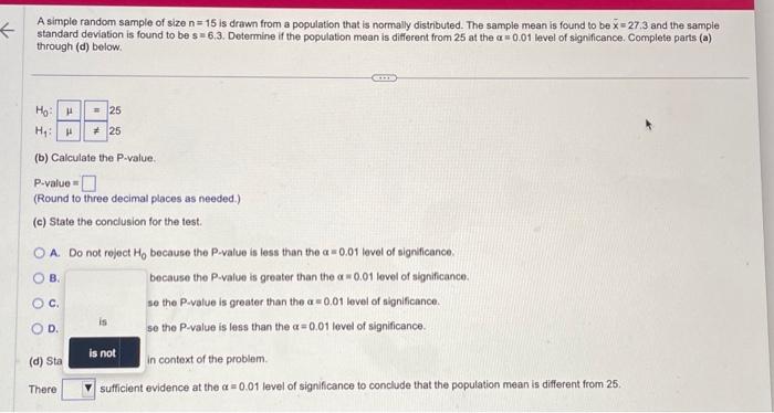 Solved A simple random sample of size n=15 is drawn from a | Chegg.com