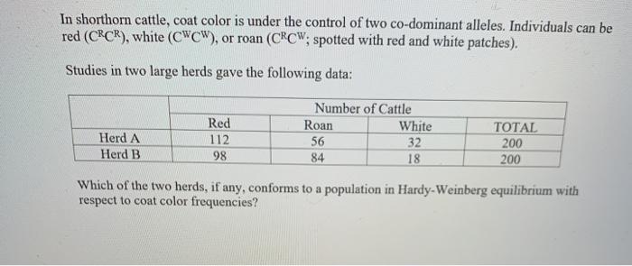 Solved In shorthorn cattle, coat color is under the control | Chegg.com