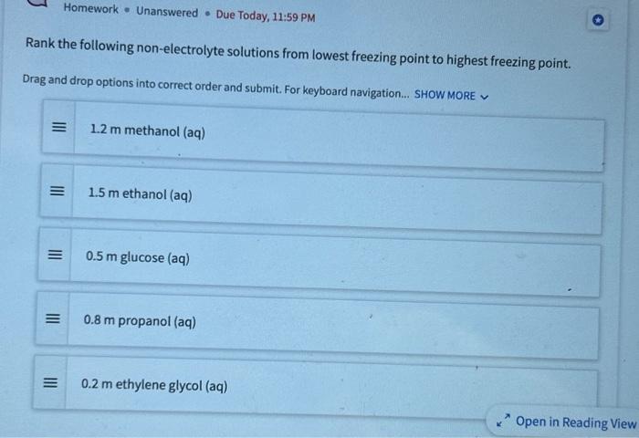 Solved Rank the following non-electrolyte solutions from | Chegg.com