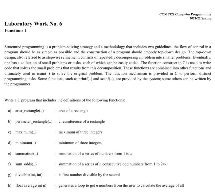 Solved COMP124 Computer Programming 2021-22 Spring | Chegg.com
