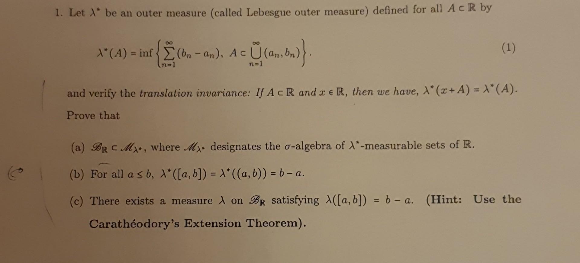 Solved 1. Let λ∗ be an outer measure (called Lebesgue outer | Chegg.com