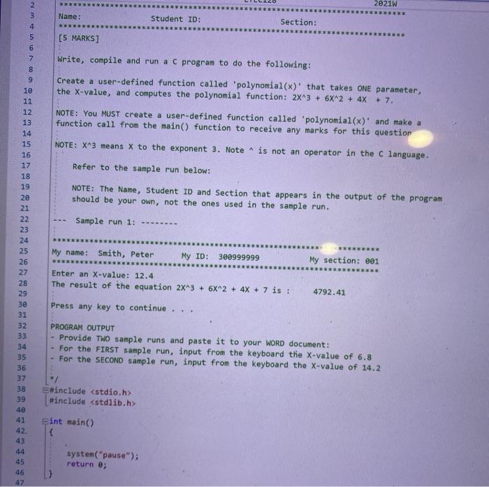Solved 2 3 4 2021W ***** Name: Student ID: Section: (5 | Chegg.com