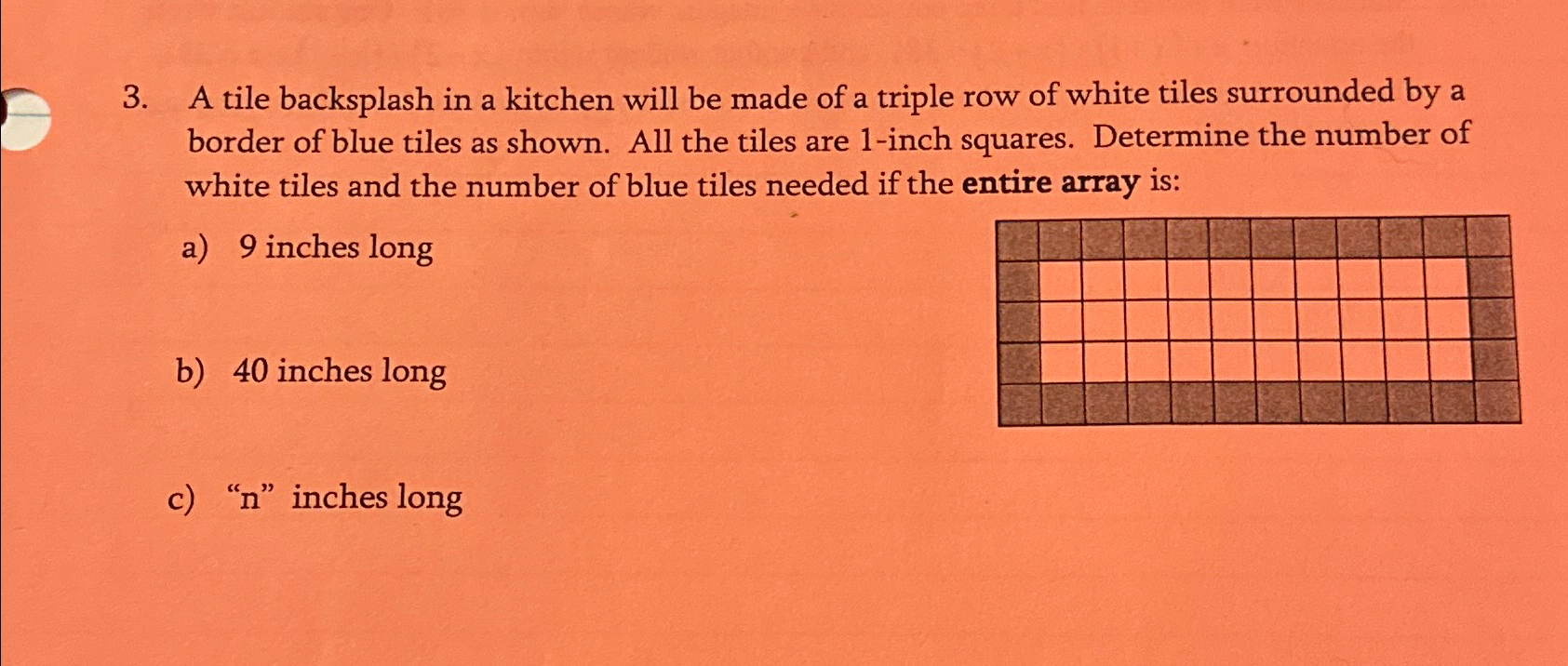 Solved A tile backsplash in a kitchen will be made of a | Chegg.com