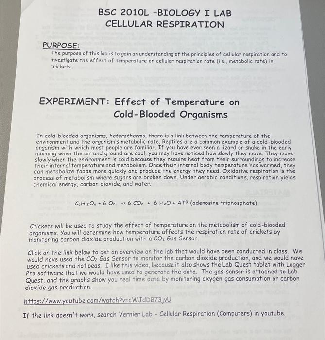 BSC 2010L -BIOLOGY I LAB CELLULAR RESPIRATION | Chegg.com