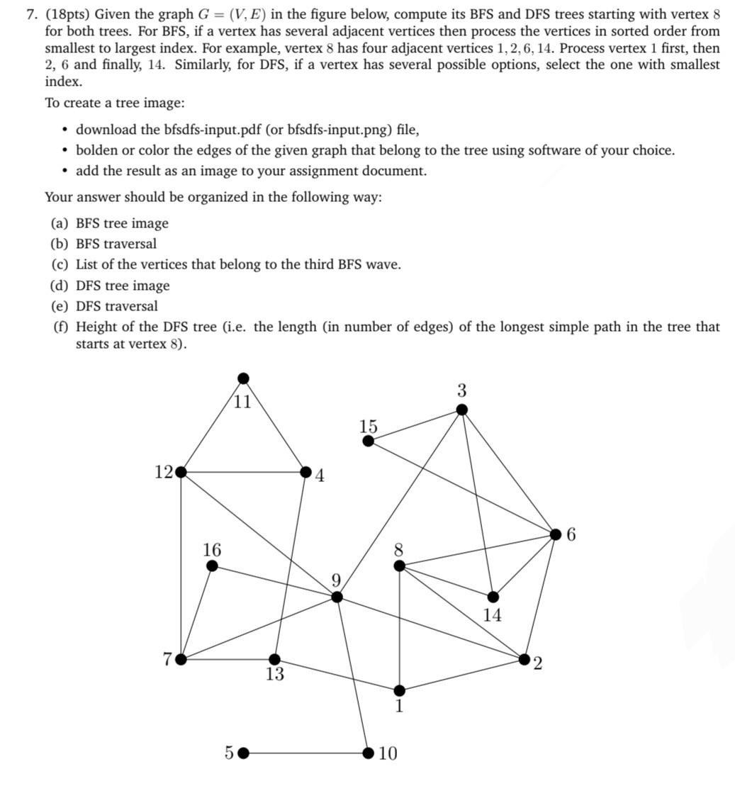Solved 7. (18pts) Given the graph G=(V,E) in the figure | Chegg.com