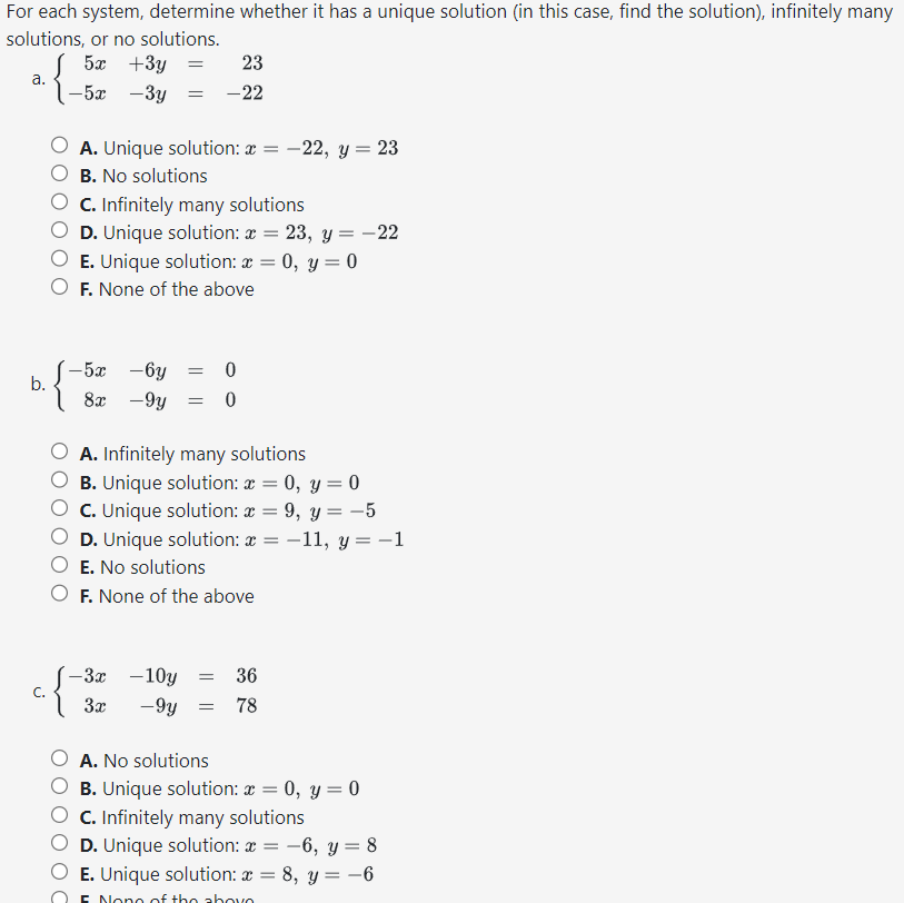 Solved For each system, determine whether it has a unique | Chegg.com