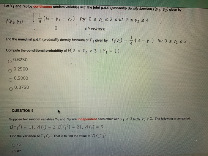 Solved Let Y1 and Y2 be continuous random variables with the | Chegg.com