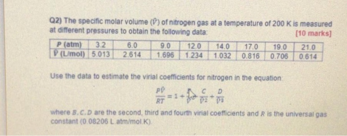 Solved Q2) The specific molar volume () of nitrogen gas at a | Chegg.com