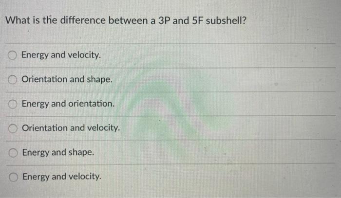 Solved What is the difference between a 3P and 5F subshell? | Chegg.com
